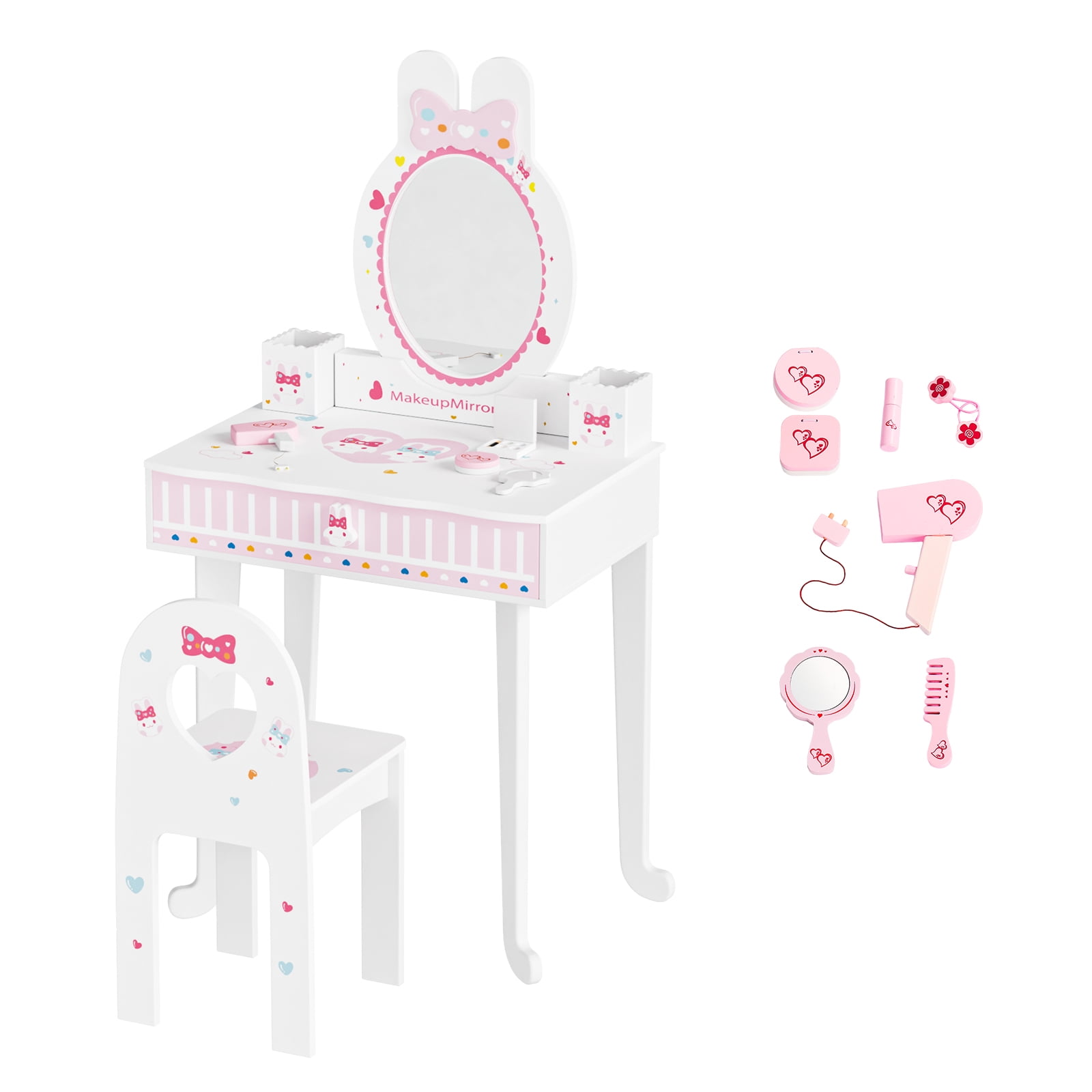 Ktaxon Kids' Wooden Vanity Table and Stool Set with Toy Vanity ...