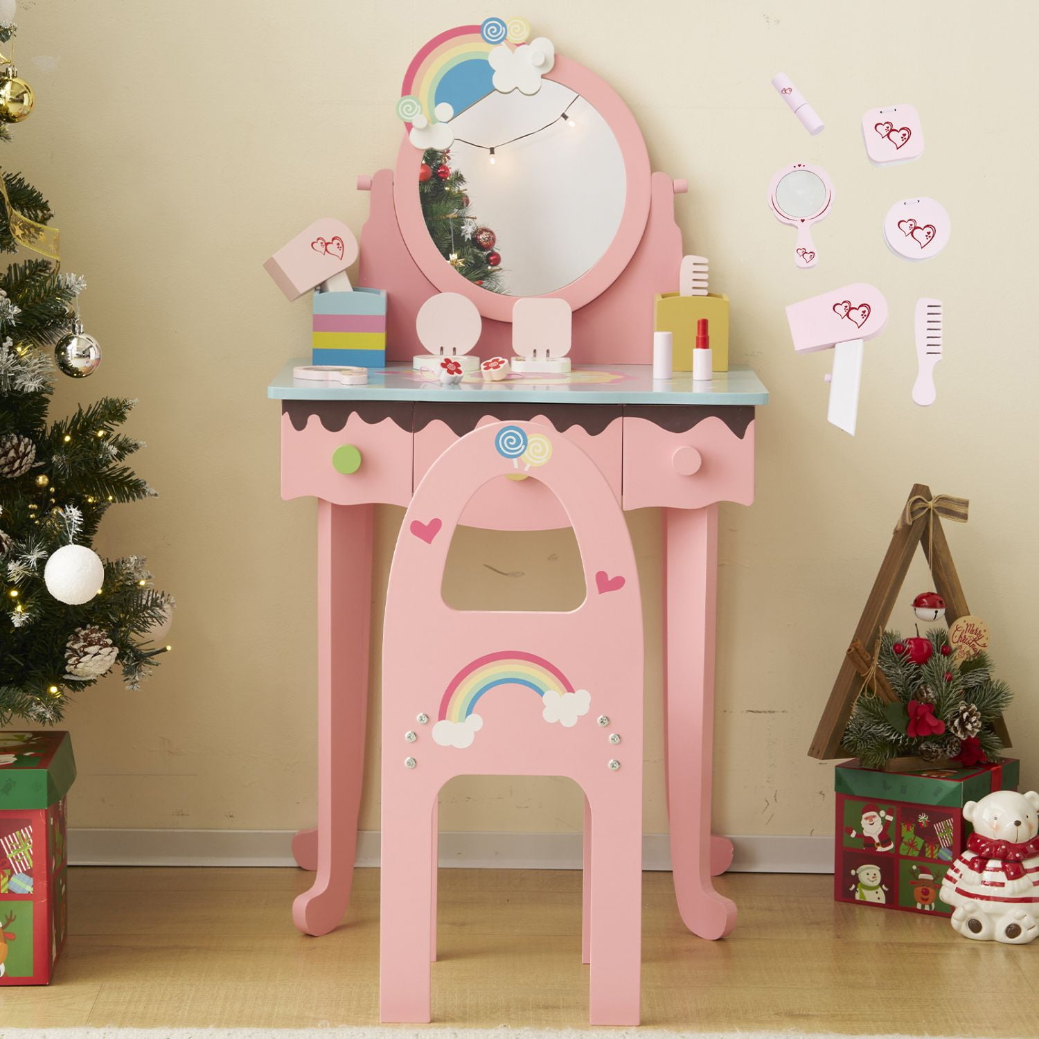 Ktaxon Kids' Wooden Vanity Table and Stool Set with Toy Vanity ...