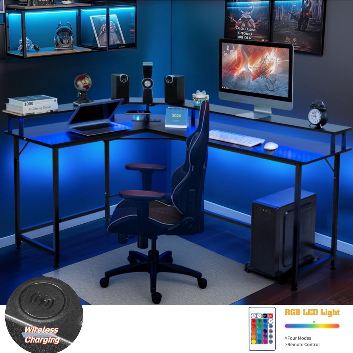 Ktaxon L-Shape 63.78''Gaming Desk with Wireless Charging, Computer Deak ...