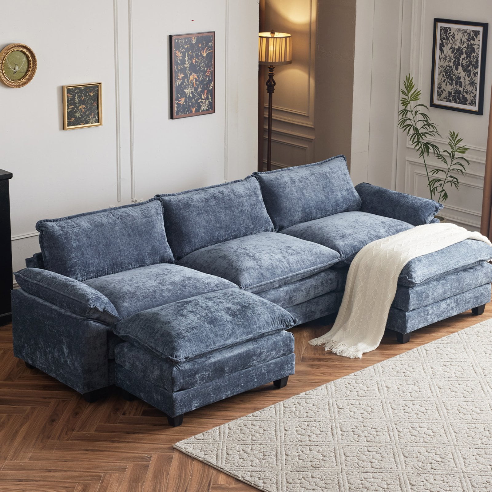 Ktaxon 120 W Sectional Sofa U Shaped Couch with Double Chaise Chenille Sleeper Set with 3 Oversized Seats Gray Blue