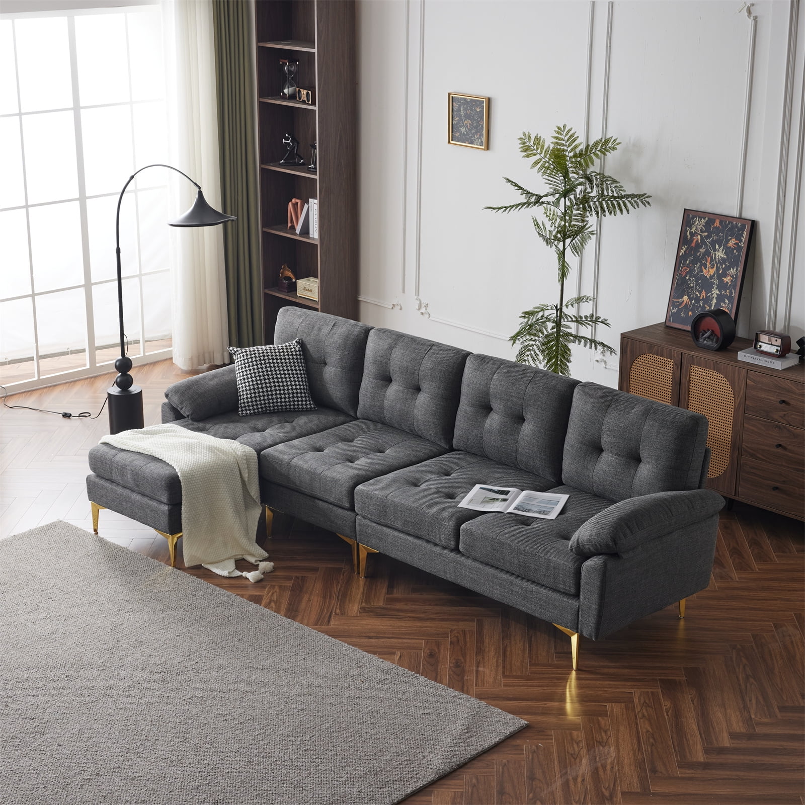 Ktaxon L-Shaped Sectional Sofa 4 Seats Tufted Linen Fabric Couch Lounge ...