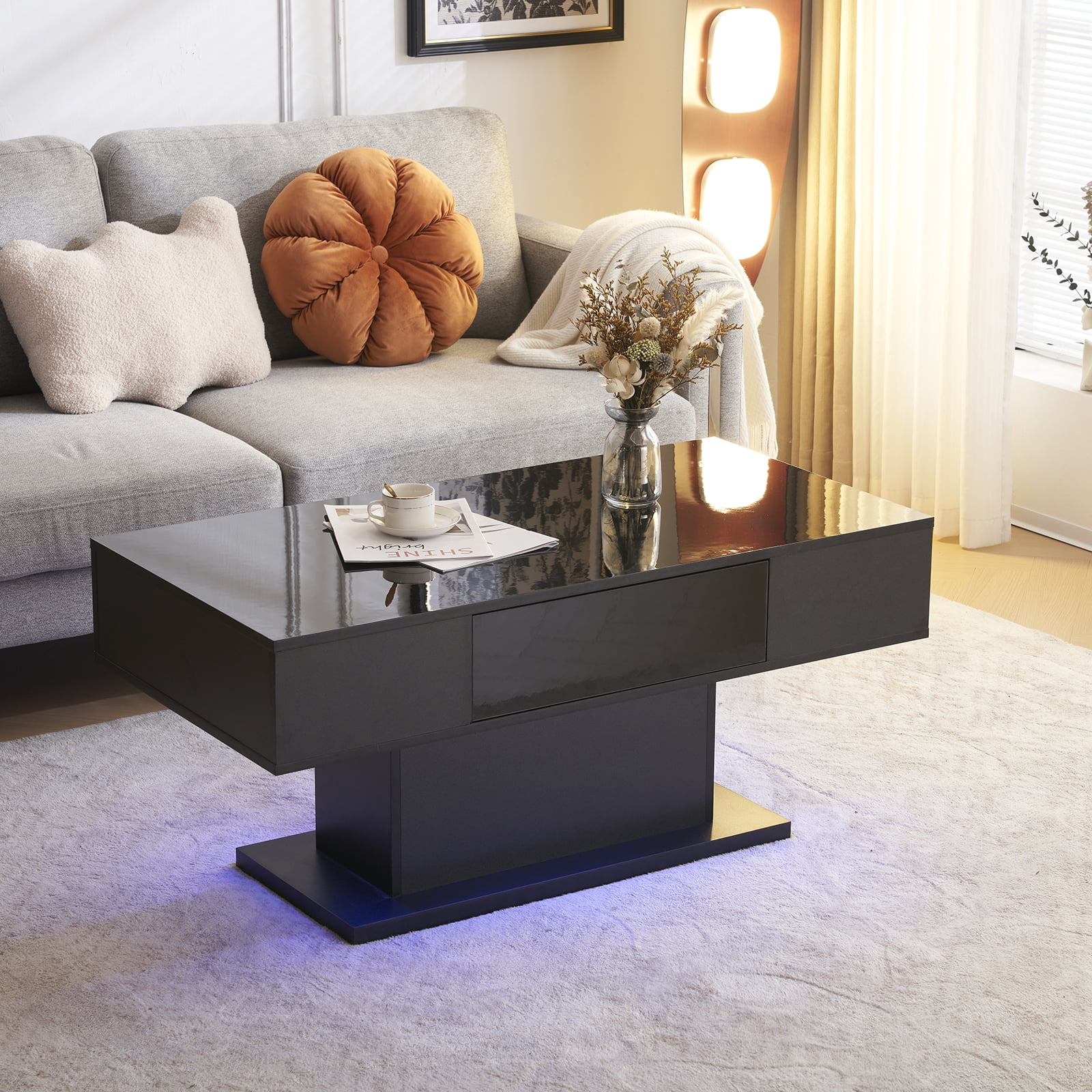 Ktaxon LED Coffee Table with Storage, High Gloss Black Accent Furniture ...
