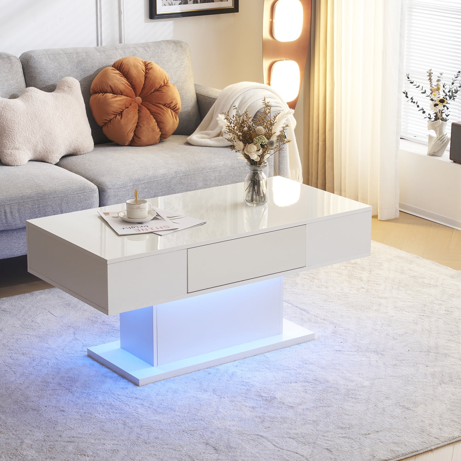 Ktaxon LED Coffee Table, White High Gloss with Storage Top, 1 Drawer ...