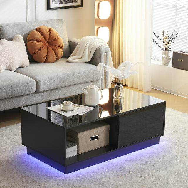 Ktaxon LED Black Coffee Table, Multi-Function with Storage Shelf & 2 ...