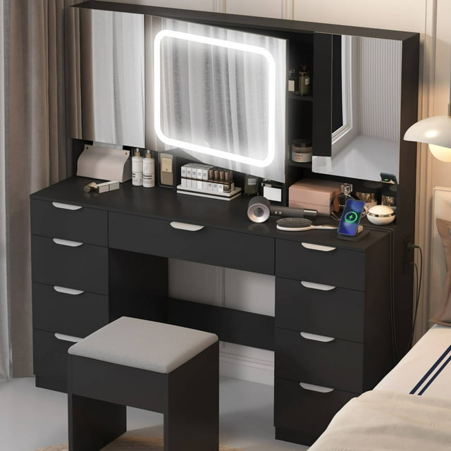 Ktaxon Large 47.24" Makeup Vanity Table Set with Hidden Storage, 9 ...