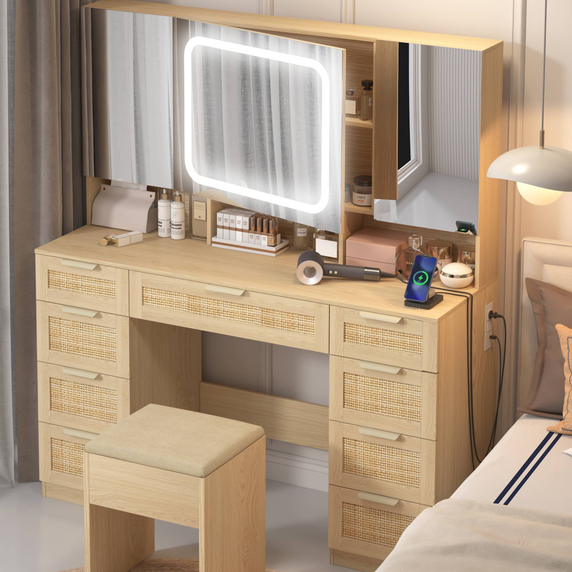 Ktaxon Large 47.24" Makeup Vanity Table Set with Hidden Storage, 9 ...