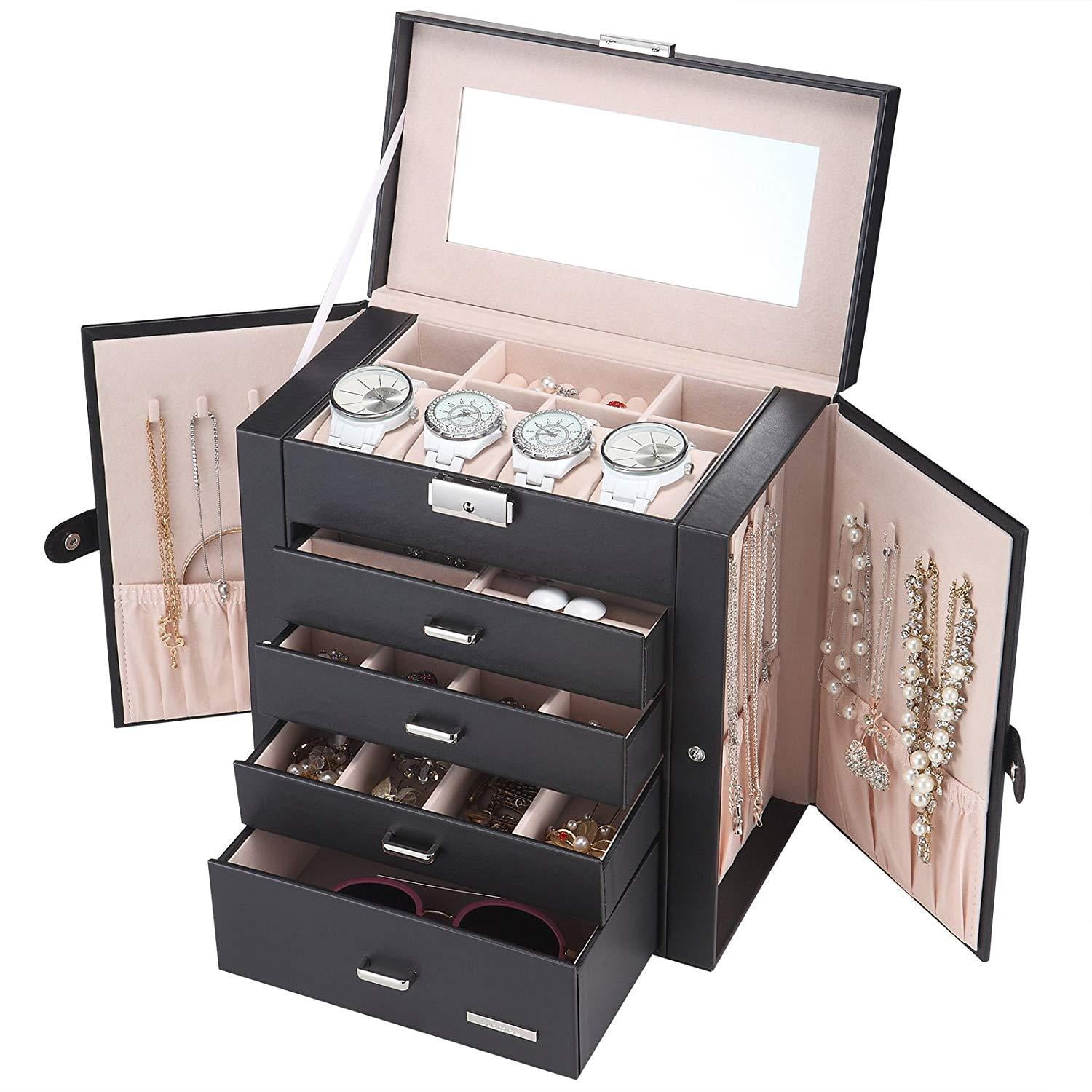 Ktaxon Lockable Large Leather Jewelry Organizer, Mirrored Jewelry Box ...