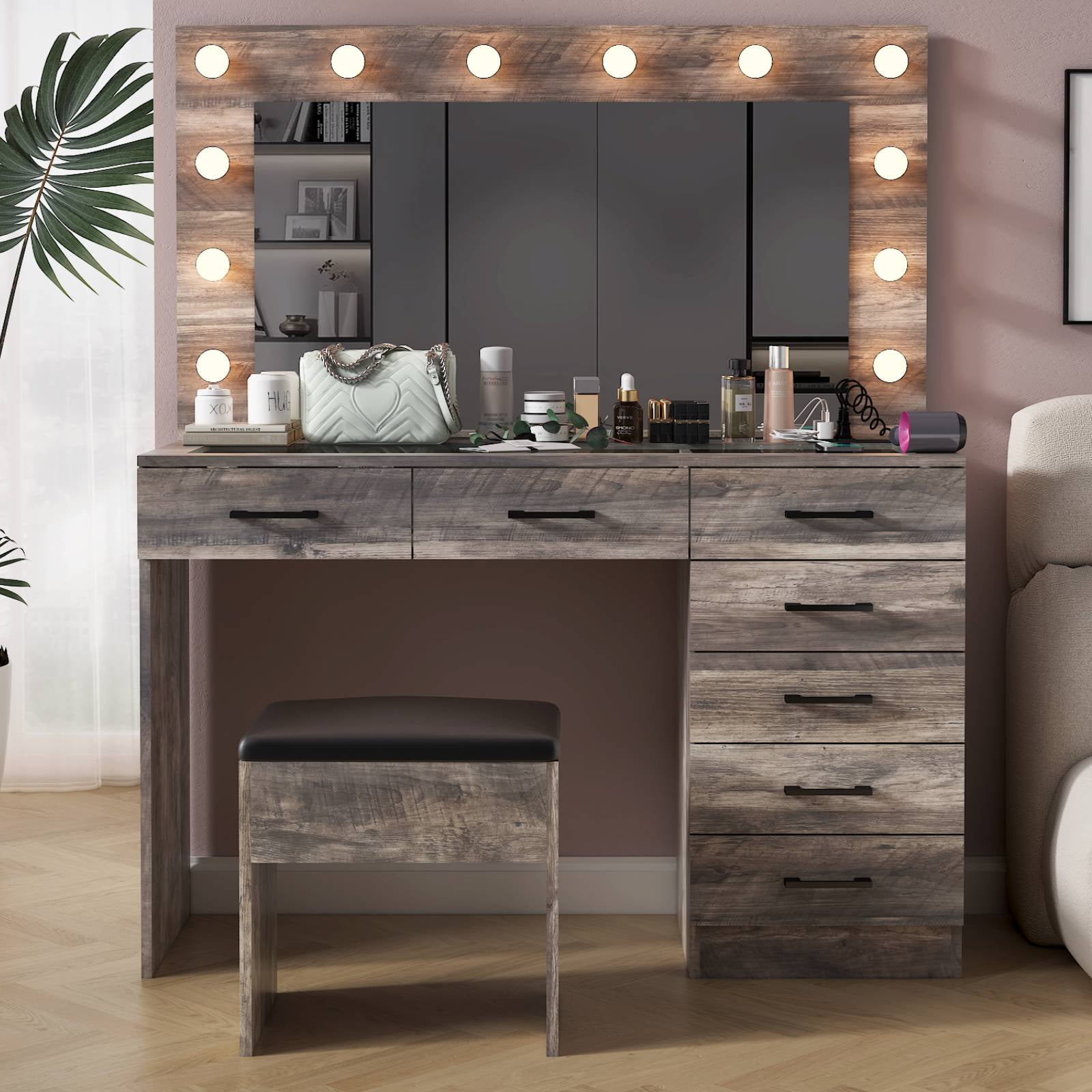 Ktaxon Large Makeup Vanity with 7 Drawers, Vanity Desk with 3 Color ...