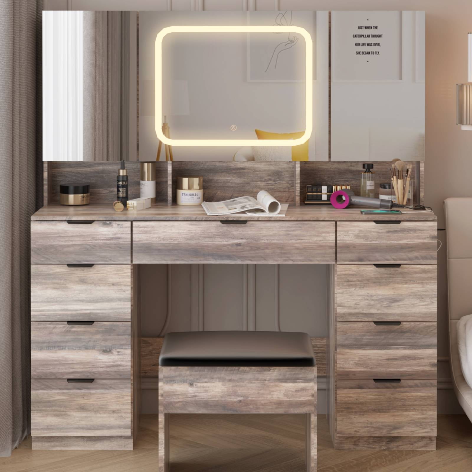 Ktaxon Large 47.24" Makeup Vanity Table Set with Hidden Storage, 9 ...