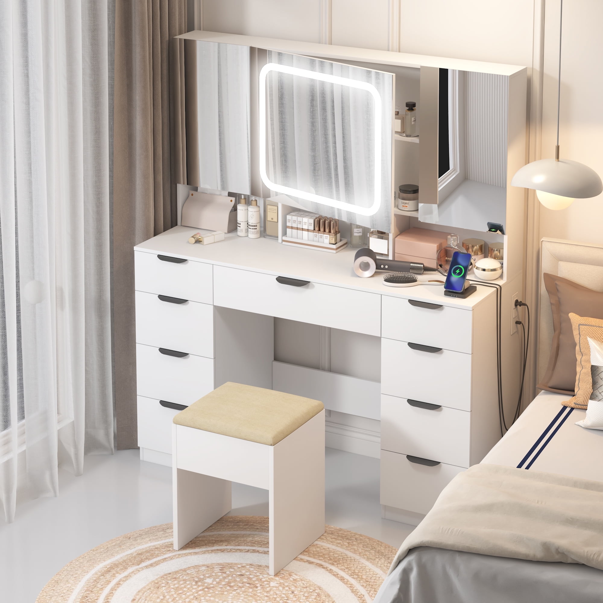 Ktaxon Large 47.24" Makeup Vanity Table Set with Hidden Storage, 9 ...