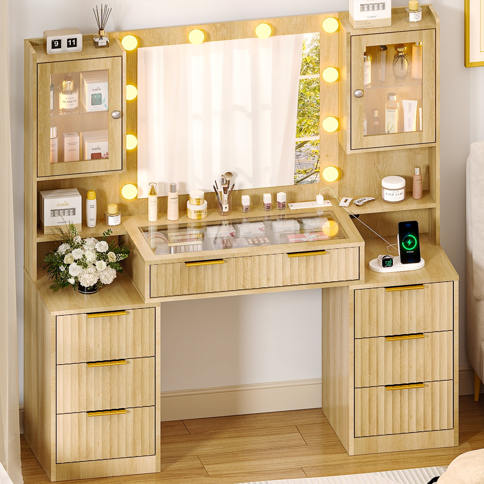 Ktaxon Large Makeup Vanity with 7 Drawers, Flutted Vanity Table Set ...