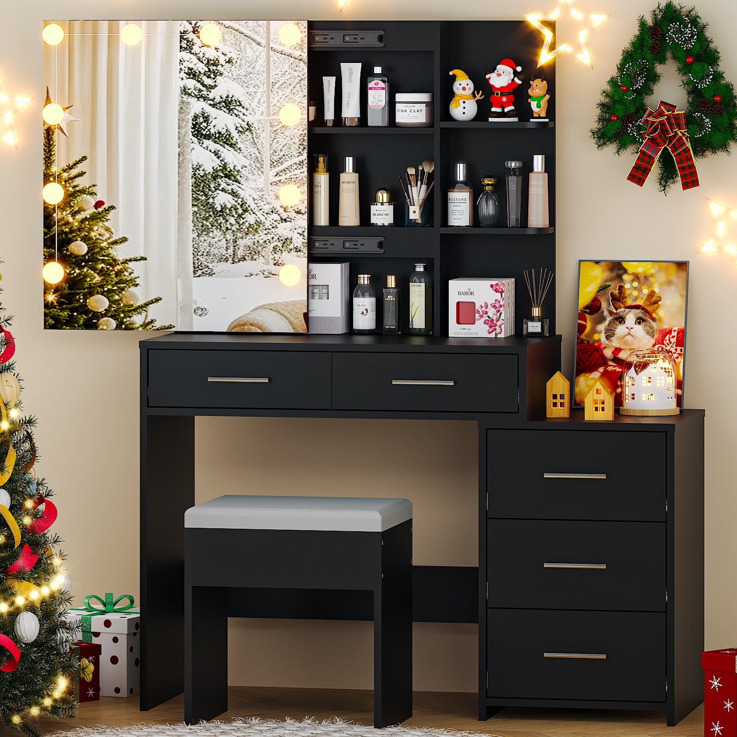 Ktaxon Vanity Set, Black Dressing Table with Sliding Mirror, 10 LED ...
