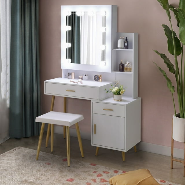 Ktaxon Lighted Makeup Vanity Table Set, Dressing Table with Sliding ...