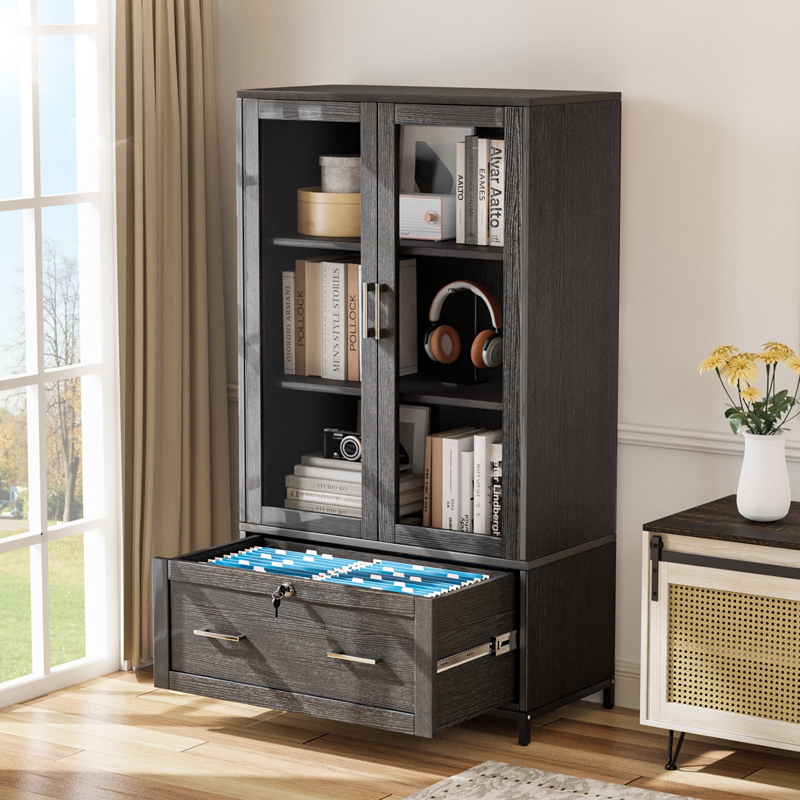 Ktaxon Lockable Tall Office Furniture, 4-Tier Bookshelf with Drawers ...