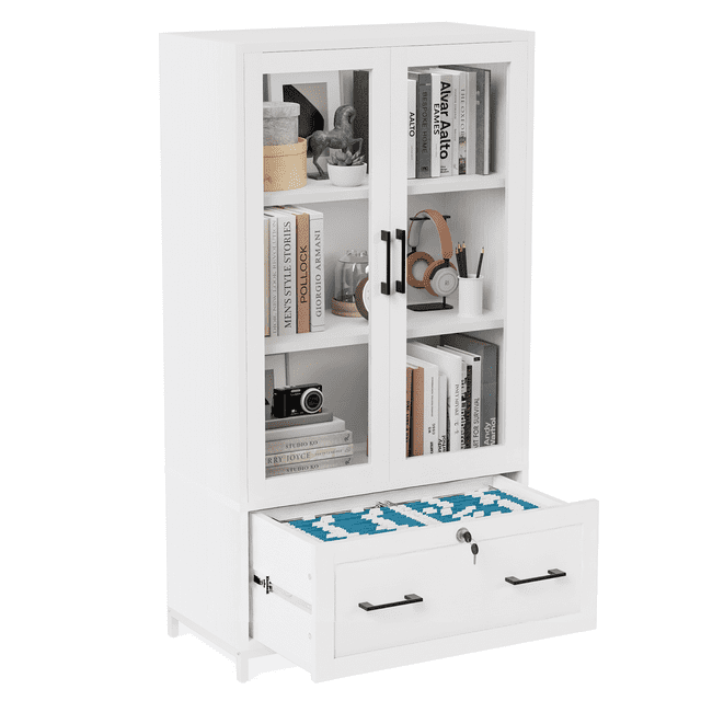 Ktaxon 4 Tier Lockable File Cabinet Bookcase, Wood Bookshelf with Glass ...