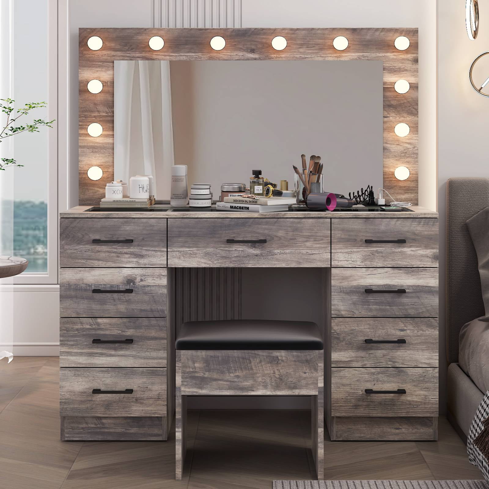 Ktaxon Large Makeup Vanity with 9 Drawers, Vanity Desk with 3 Color ...