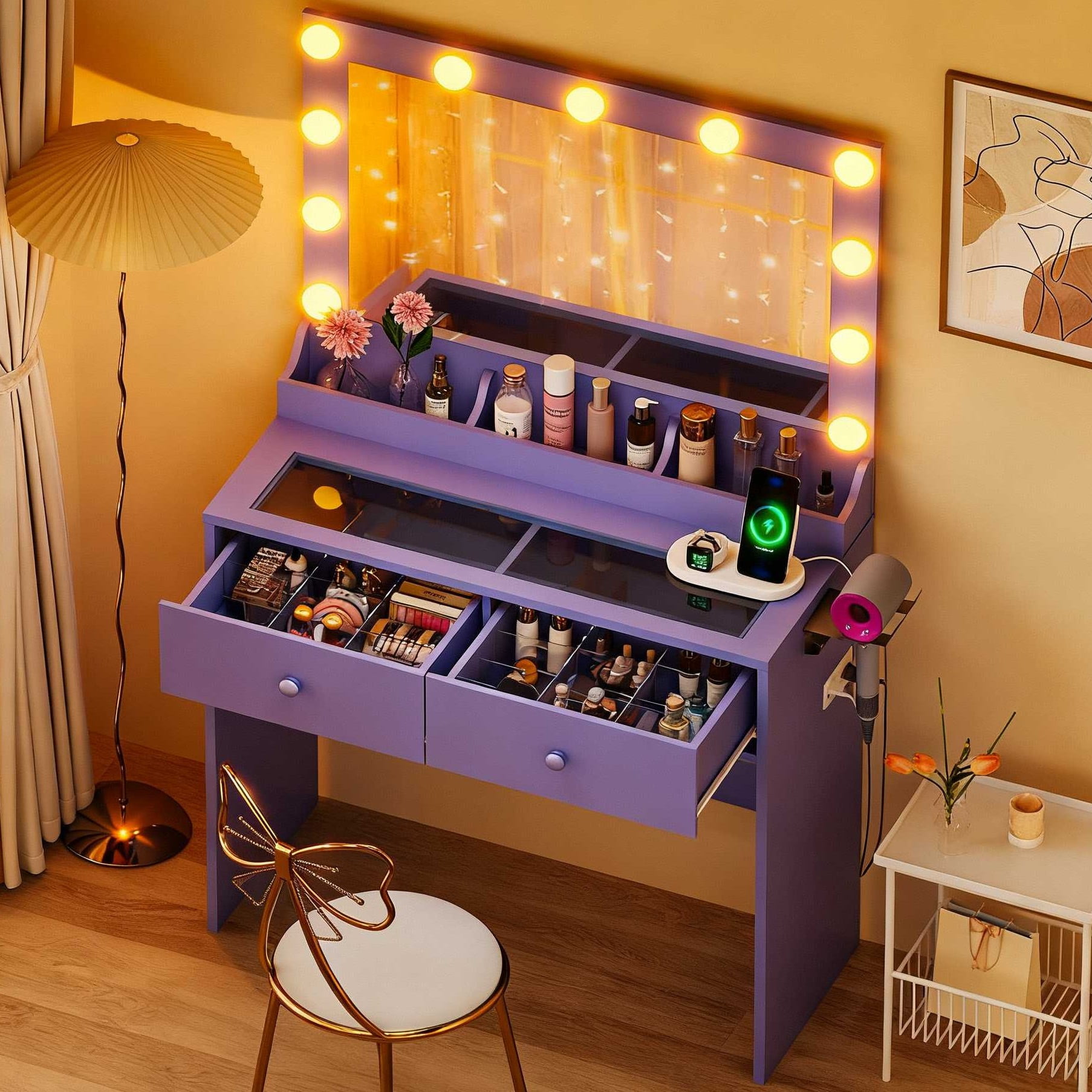 Ktaxon Get Ready with Me GRWM Makeup Vanity Desk with Lighted Mirror ...