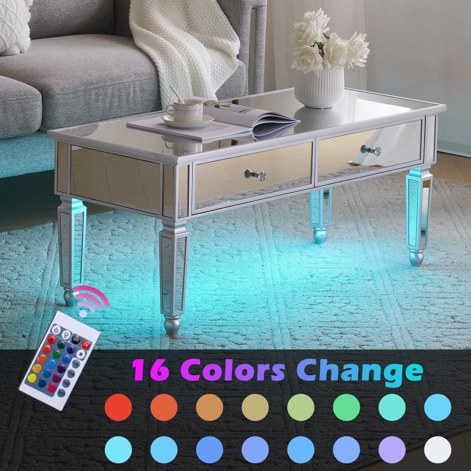 Ktaxon 41'' Mirrored LED Coffee Table with Storage, Rectangle Mirror ...
