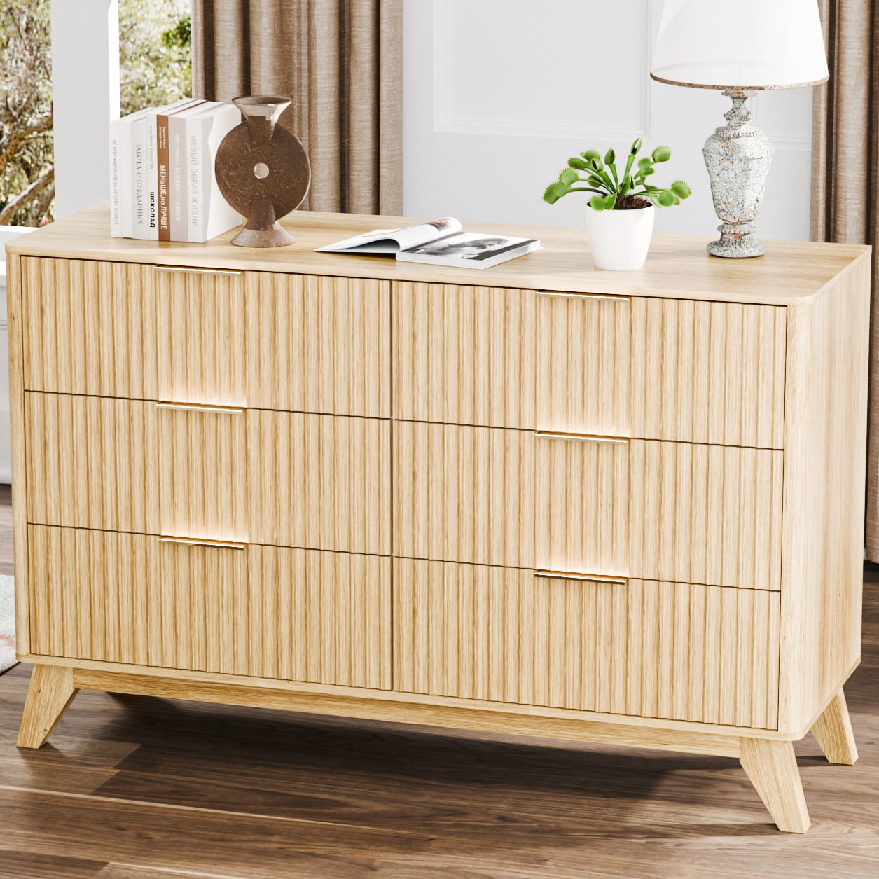 Ktaxon Modern 6 Drawer Dresser Fluted Wood Chest of Drawers with Soft ...