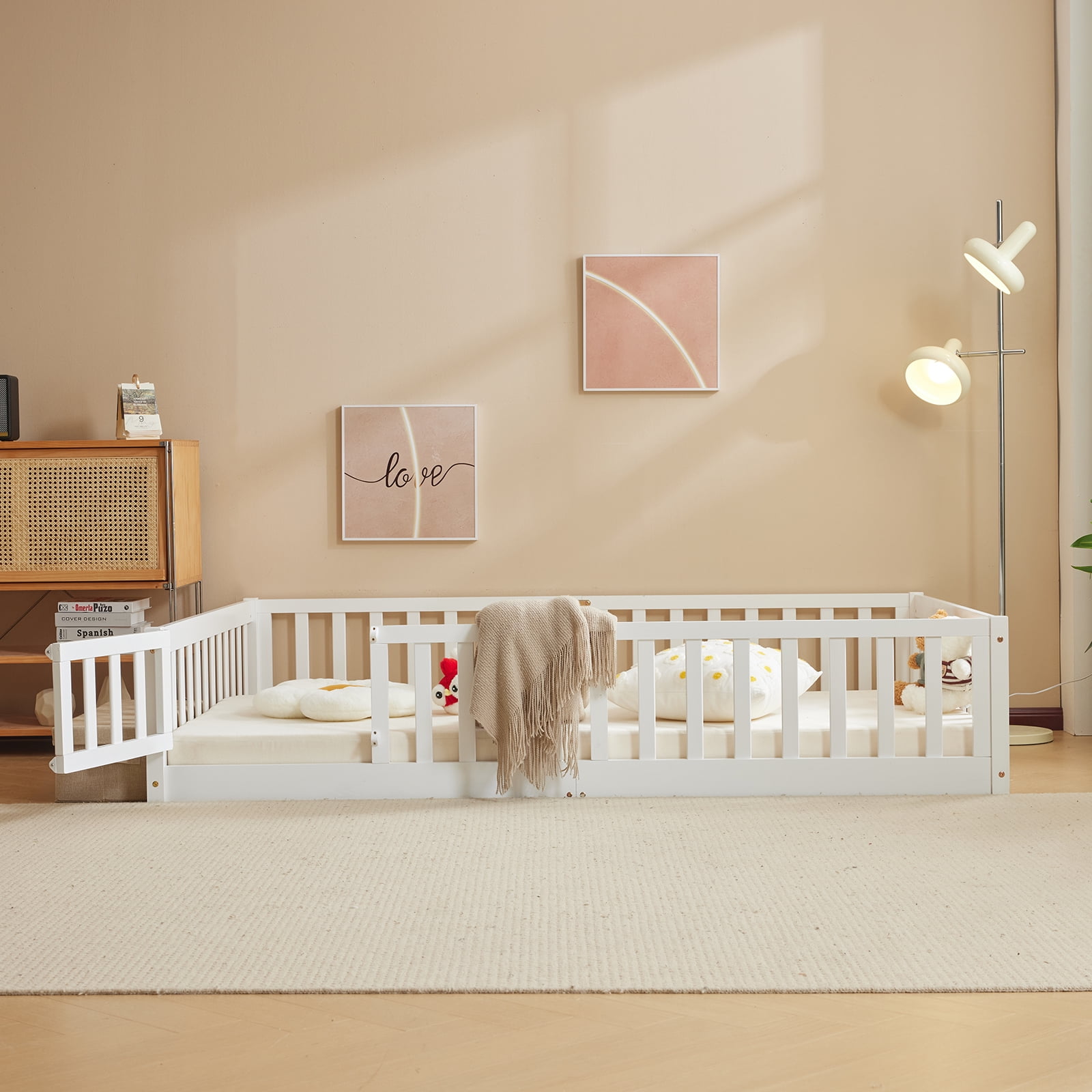 Ktaxon Montessori Queen Floor Bed with Safety Guardrails, Toddler Bed ...