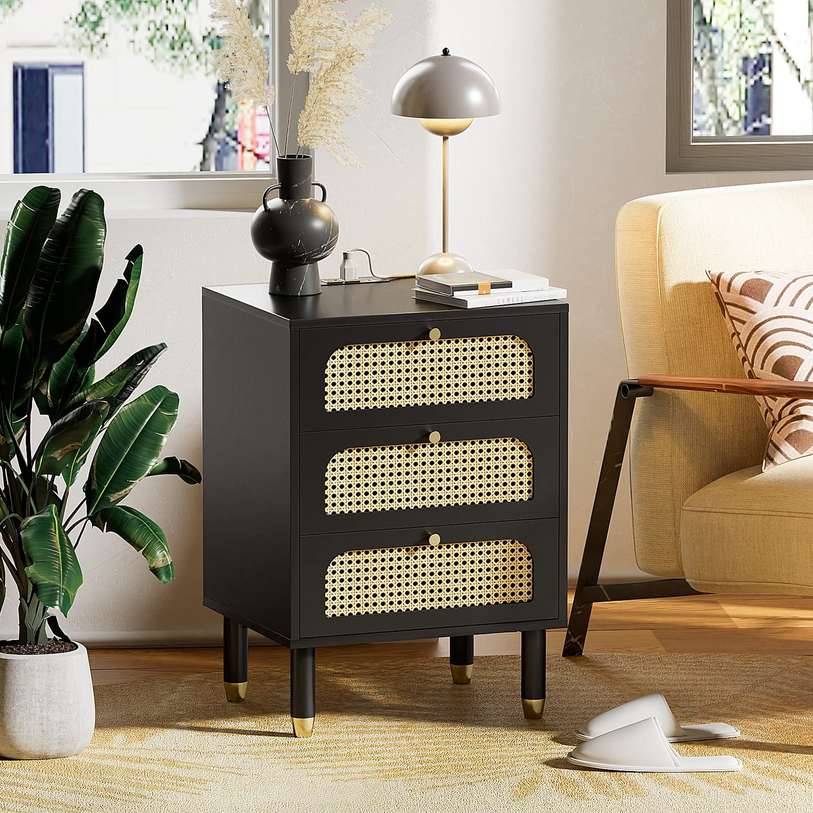 Ktaxon Nightstand Rattan Bedroom Bedside Table Mid Century Modern ...