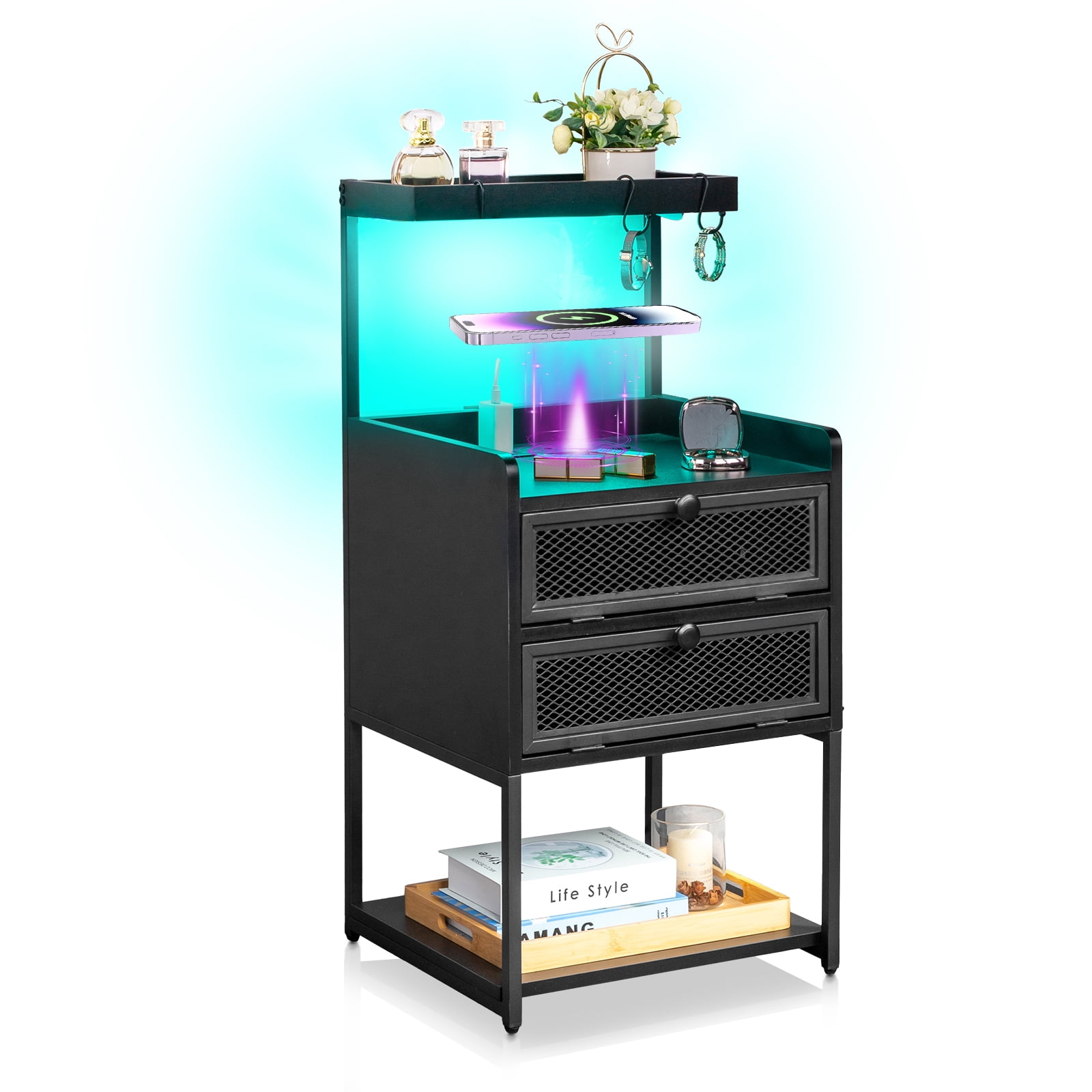FCH Nightstand, Wireless Charging Station, LED Lights, 2 Drawers, Open ...