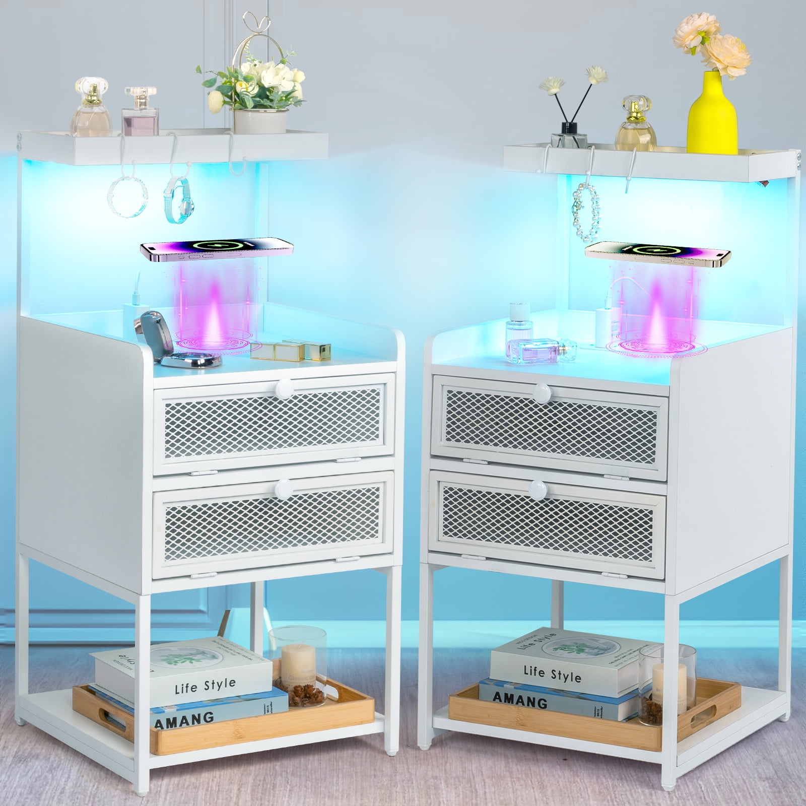 Ktaxon Nightstand with Wireless Charging Station and LED Lights, Night ...