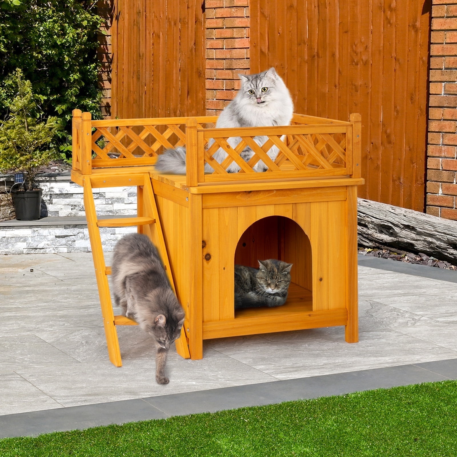 Ktaxon Outdoor Cat House Wooden 2- Story Cat Shelter with Balcony ...