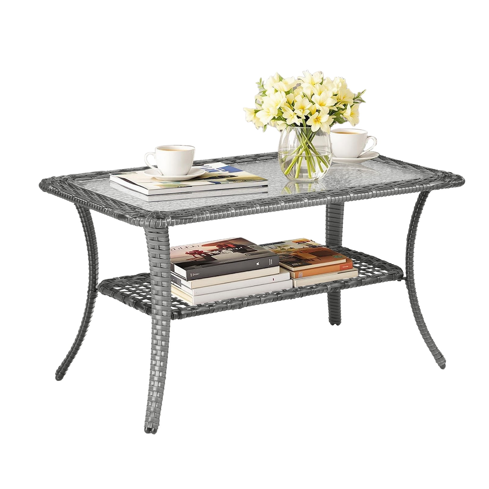 Ktaxon Outdoor Coffee Table, Patio Ratten Double Layer Table with ...