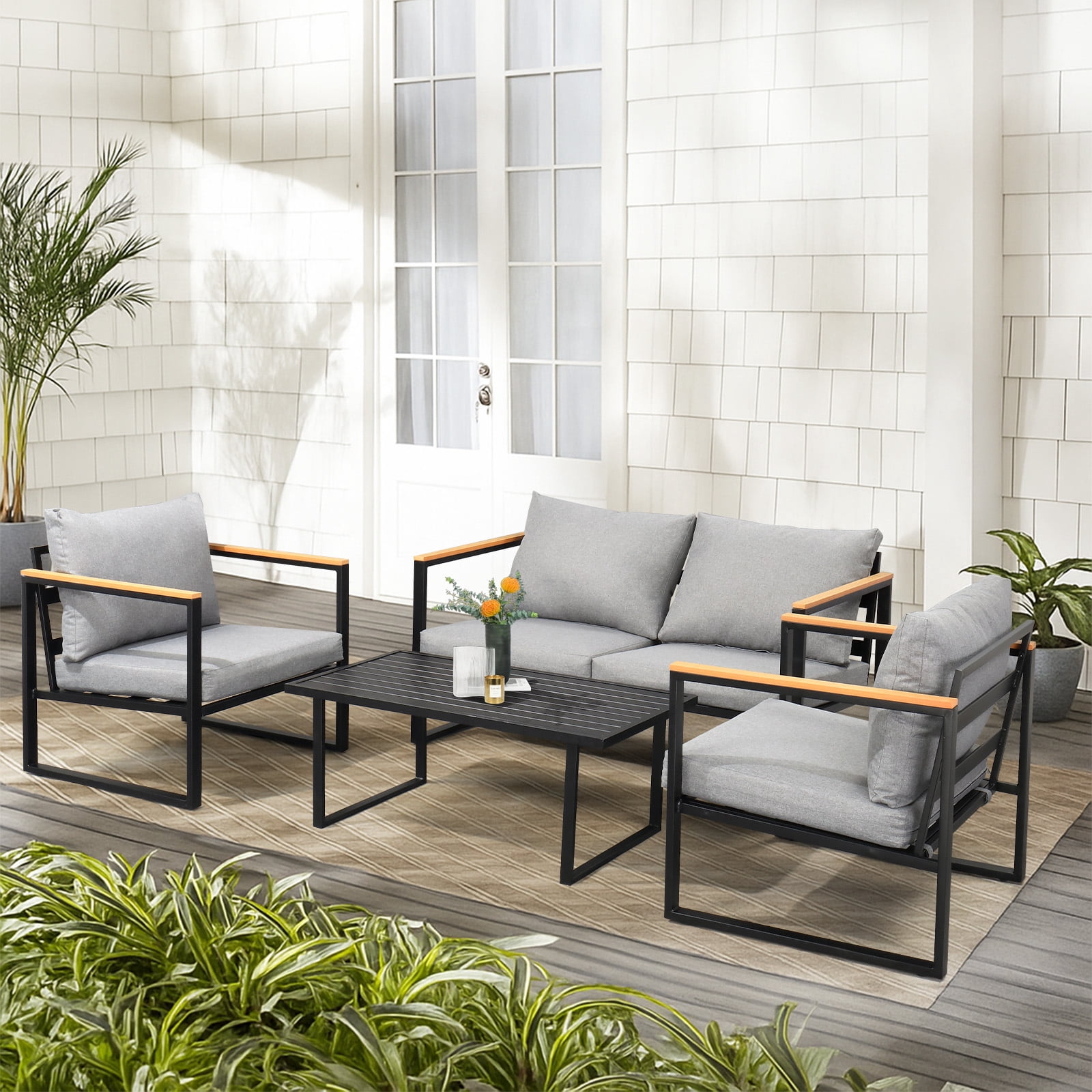 Ktaxon Outdoor Conversation Set, Metal Patio Set with Wood Veneer ...