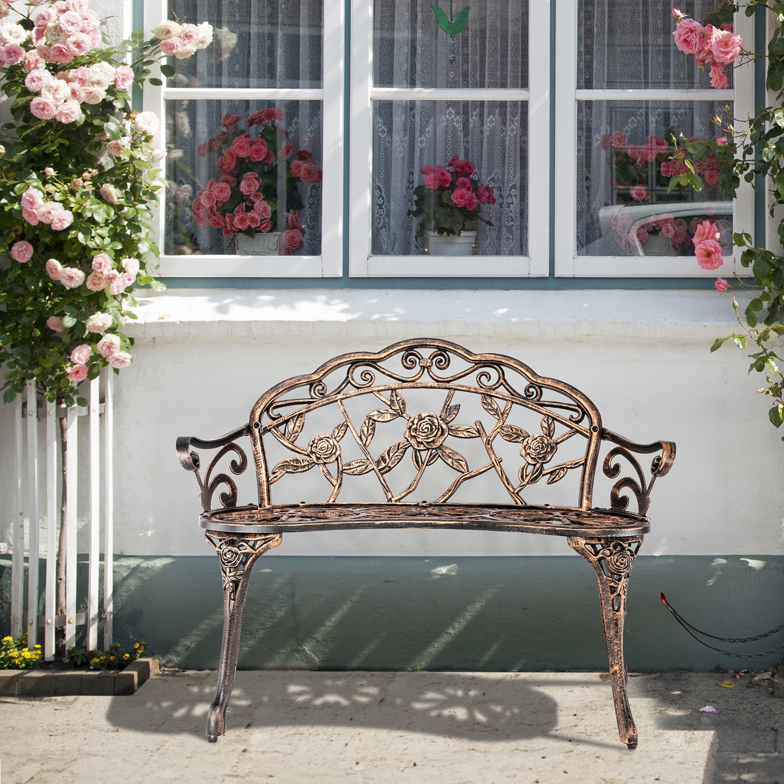 Ktaxon Outdoor Iron Patio Bench, Front Porch Yard Leisure Rose Cast ...