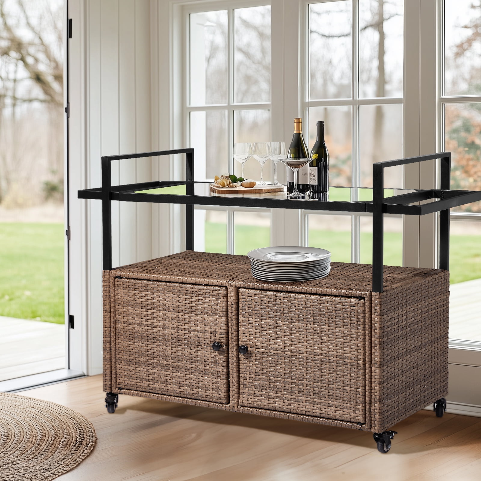 Ktaxon Outdoor Patio Wicker Bar Counter Table w/4 Wheel and Tempered ...