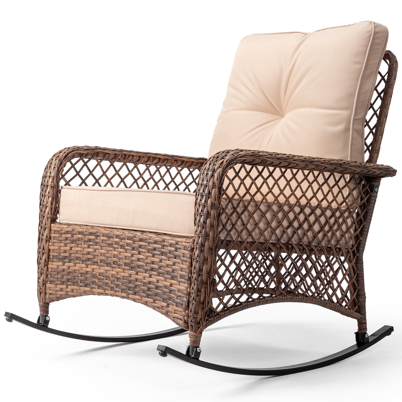 Ktaxon Outdoor Woven Rattan Rocking Chair with Beige Cushion, Large ...