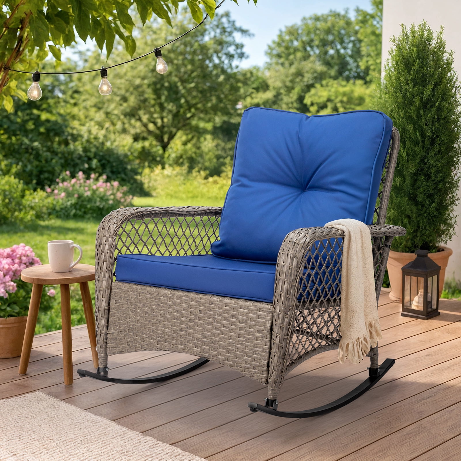 Ktaxon Outdoor Woven Rattan Rocking Chair with Blue Cushion, Large ...