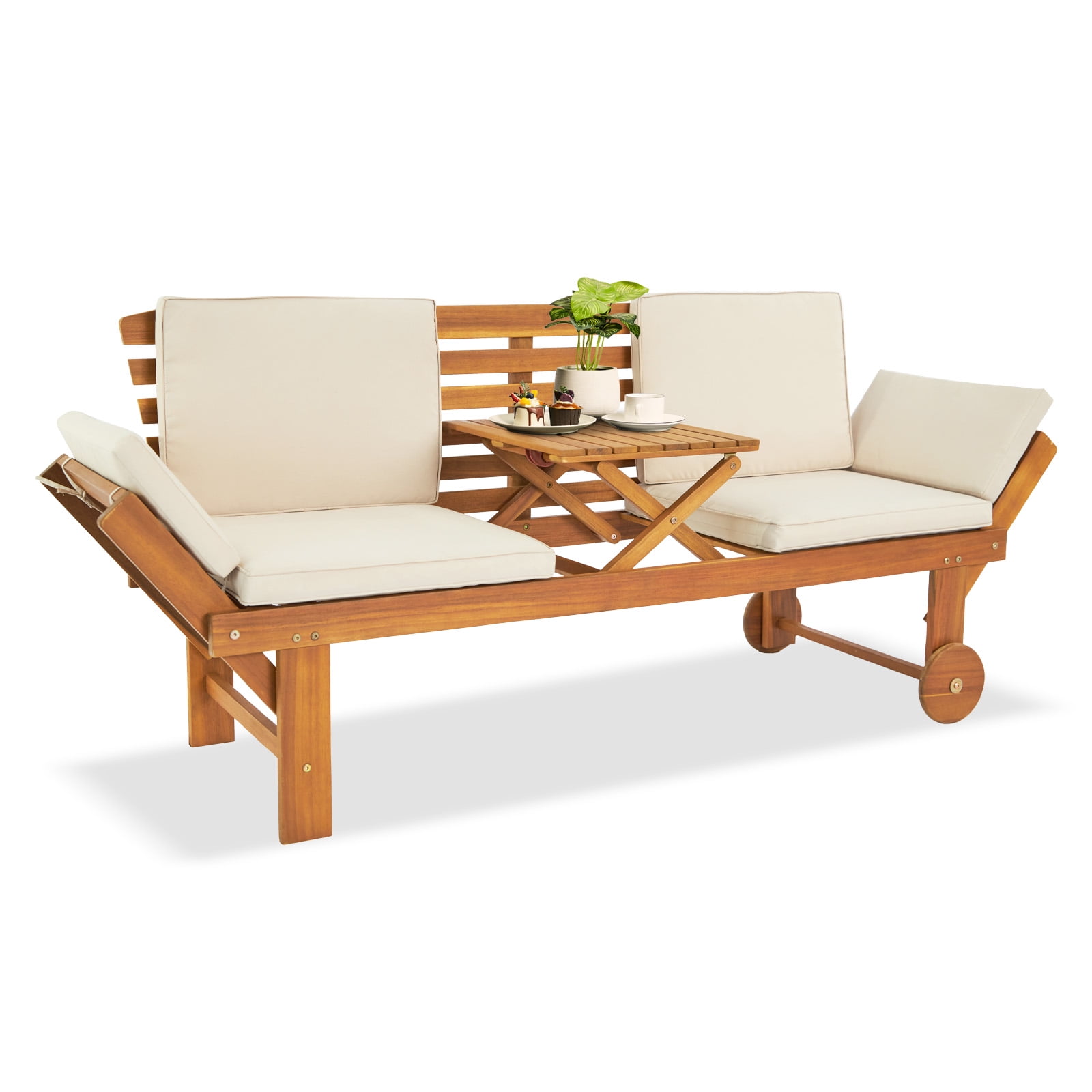 Ktaxon Outdoor Acacia Wood Patio Bench/Sunbed with Liftable Table for ...