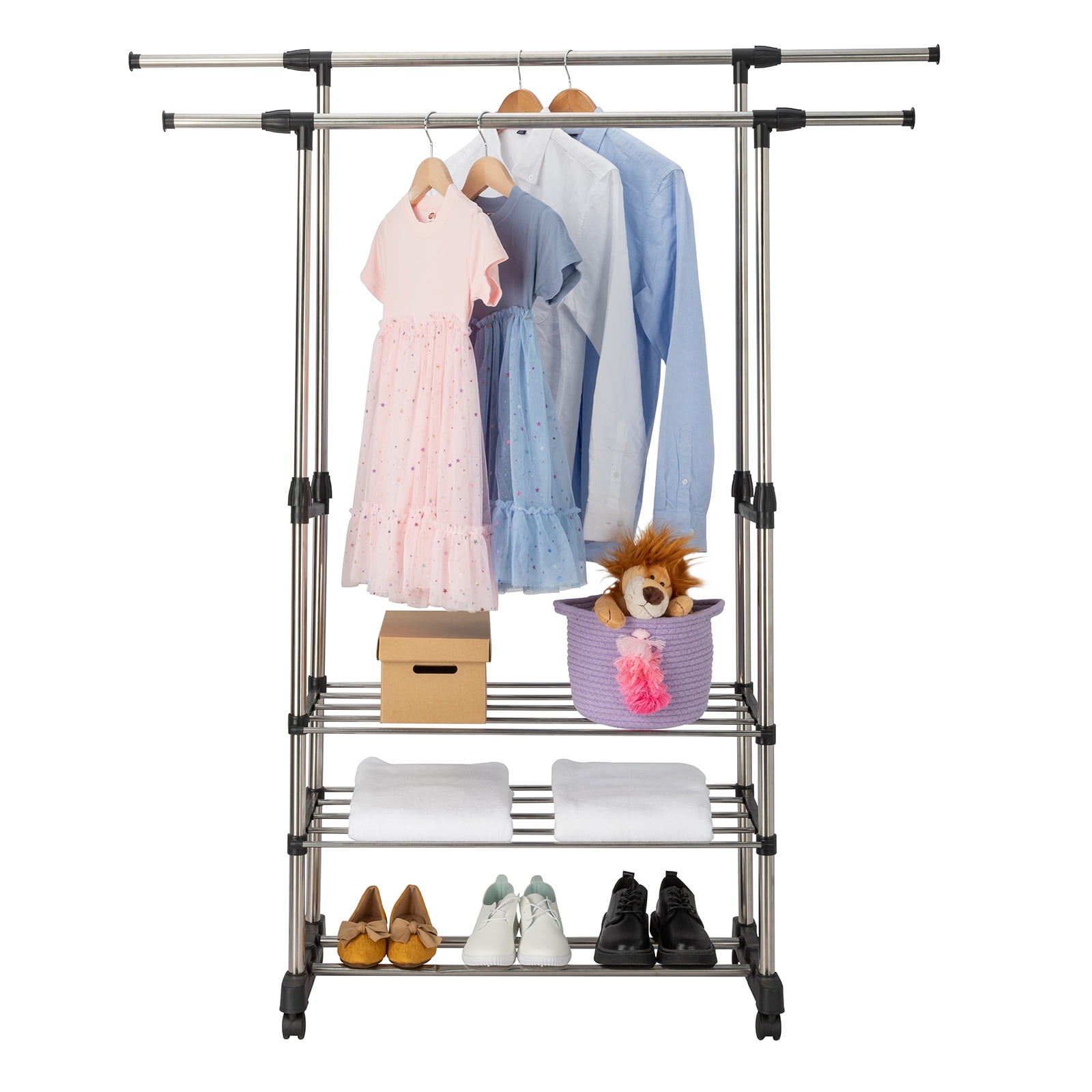 Ktaxon Double Adjustable Clothes Hanger Rack, Collapsible with Wheels ...