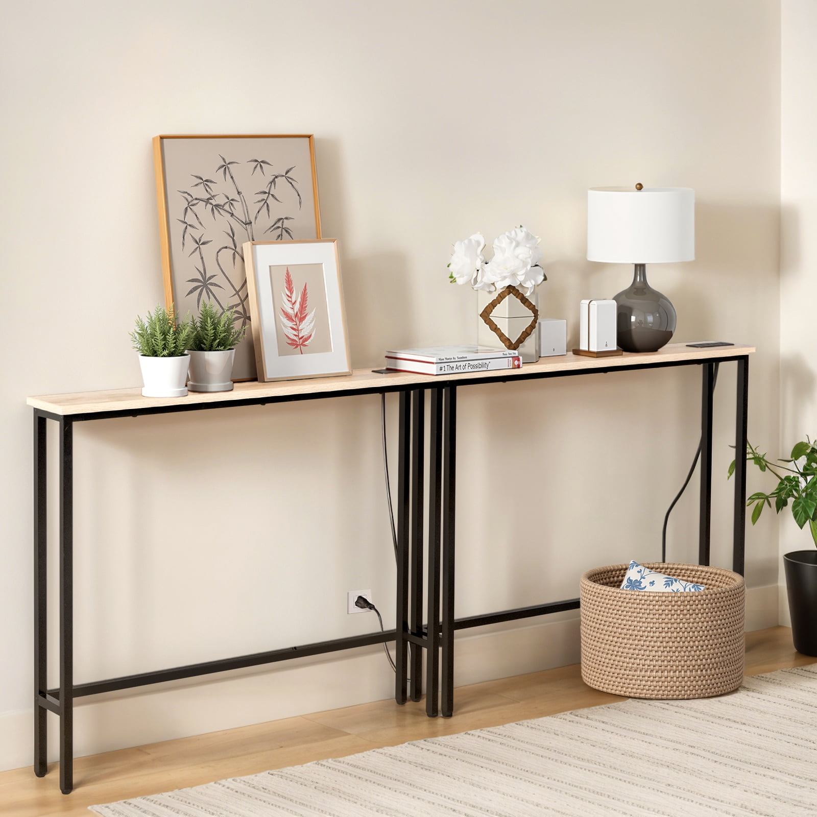 Ktaxon 79in Entryway Table with Charging Station, 2-Piece Oak & Metal ...