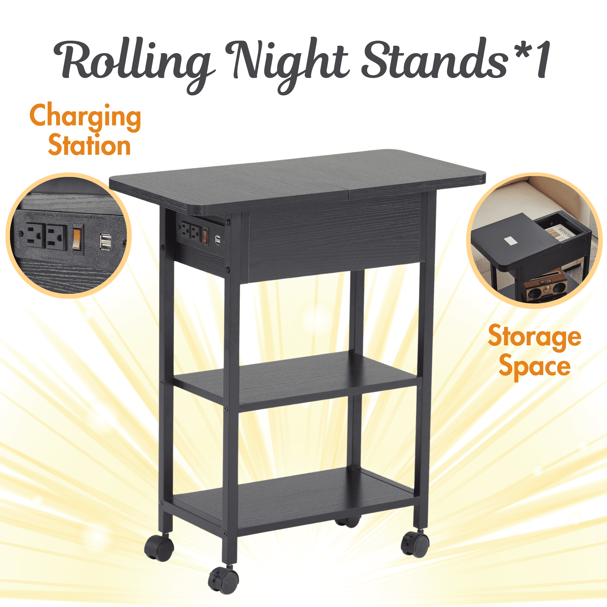 Ktaxon Rolling Night Stand 27" End Table with Charging Station, Storage ...