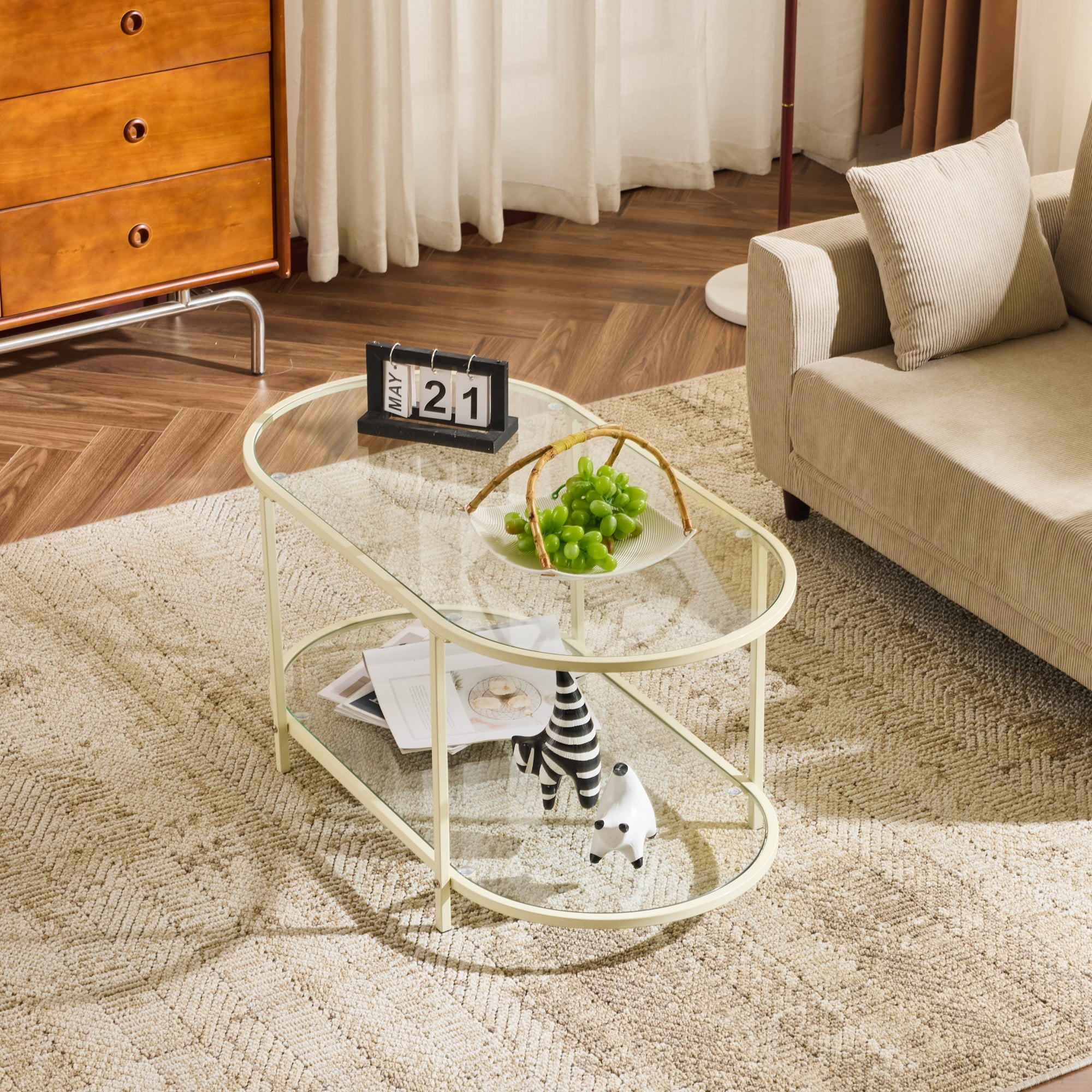 Ktaxon Rustic Coffee Table, Transparent Glass 2-Tier Oval Vintage ...