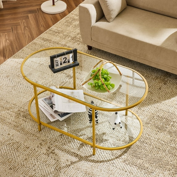 Ktaxon Rustic Coffee Table, Transparent Glass 2-Tier Oval Vintage ...