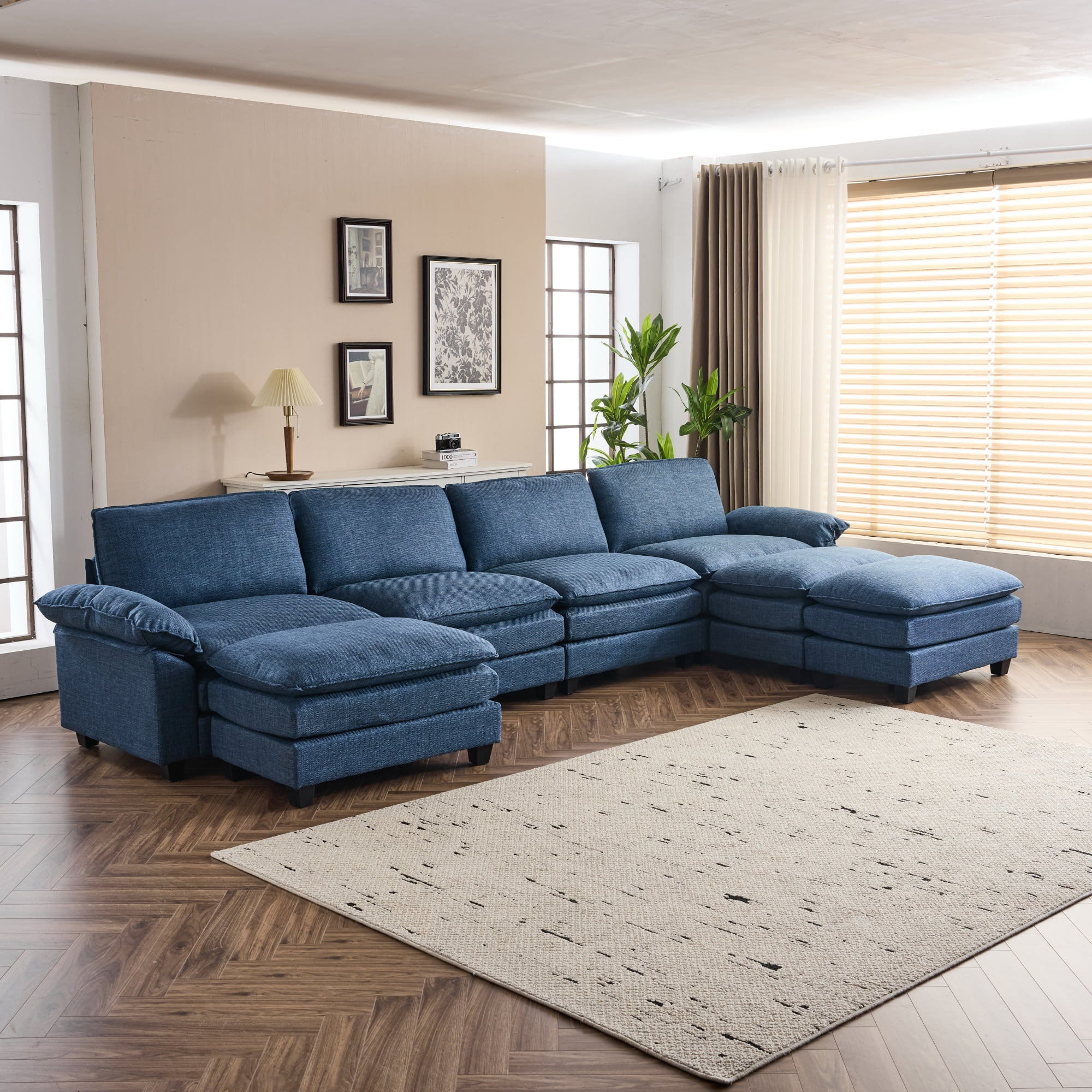 Ktaxon Sectional Convertible Sofa U Shaped Modular Cloud Couch with 3 Chaises Coarse Linen ...