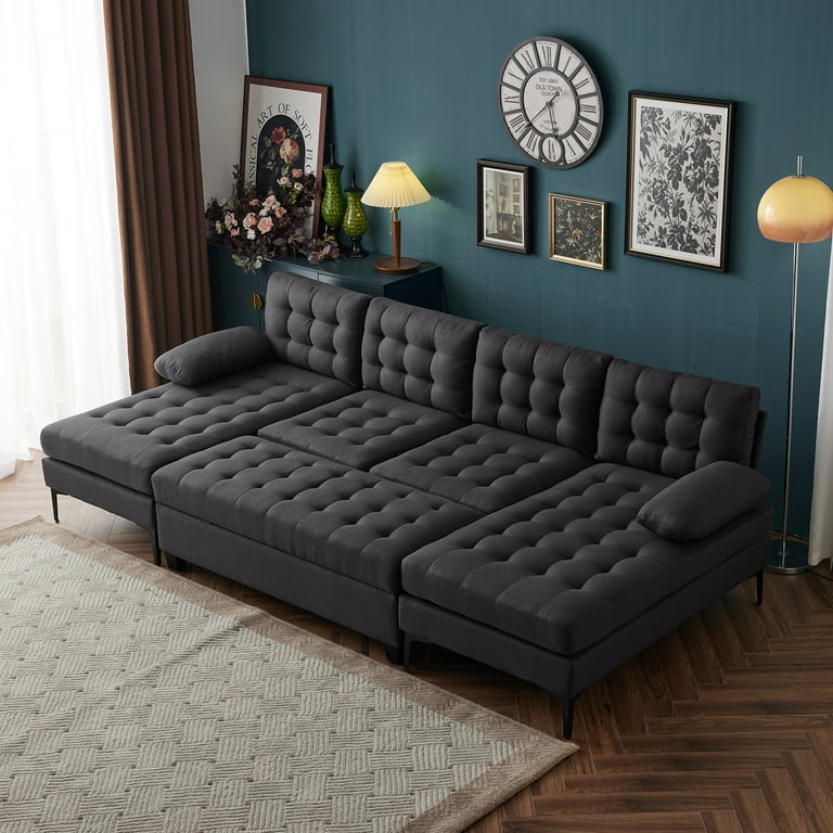 Ktaxon U Shaped Convertible Sectional Sleeper Sofa with Storage Ottoman Linen Fabric Black Walmart