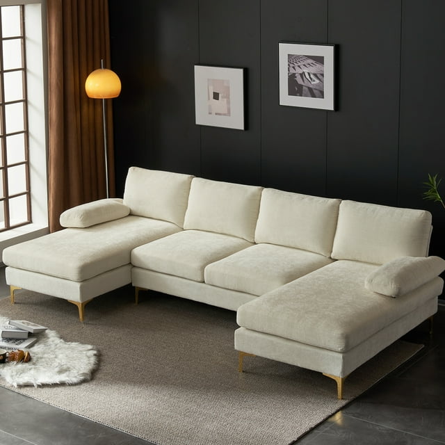 Ktaxon Sectional Sofa Set, 110" U-Shaped Chenille Couch, 4 Seat Lounge ...