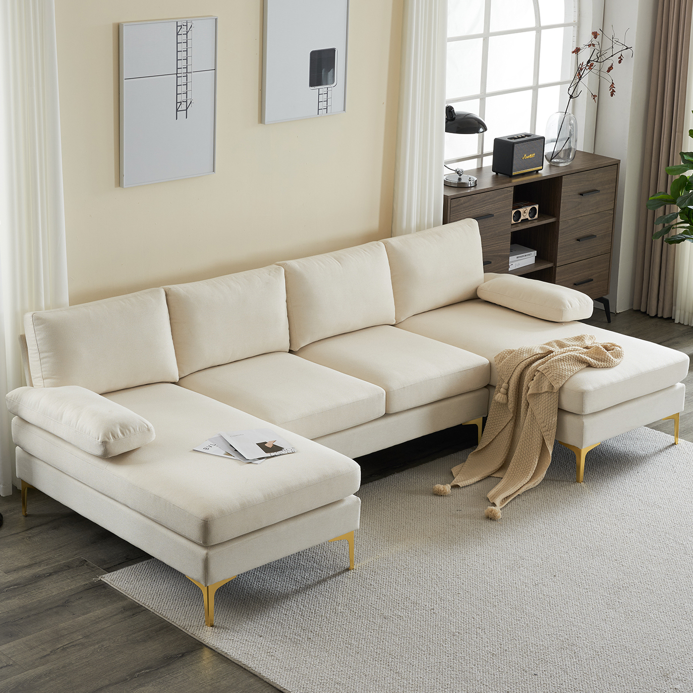 Ktaxon Sectional Sofa Set, L Shaped Linen Fabric Couch with Chaise ...