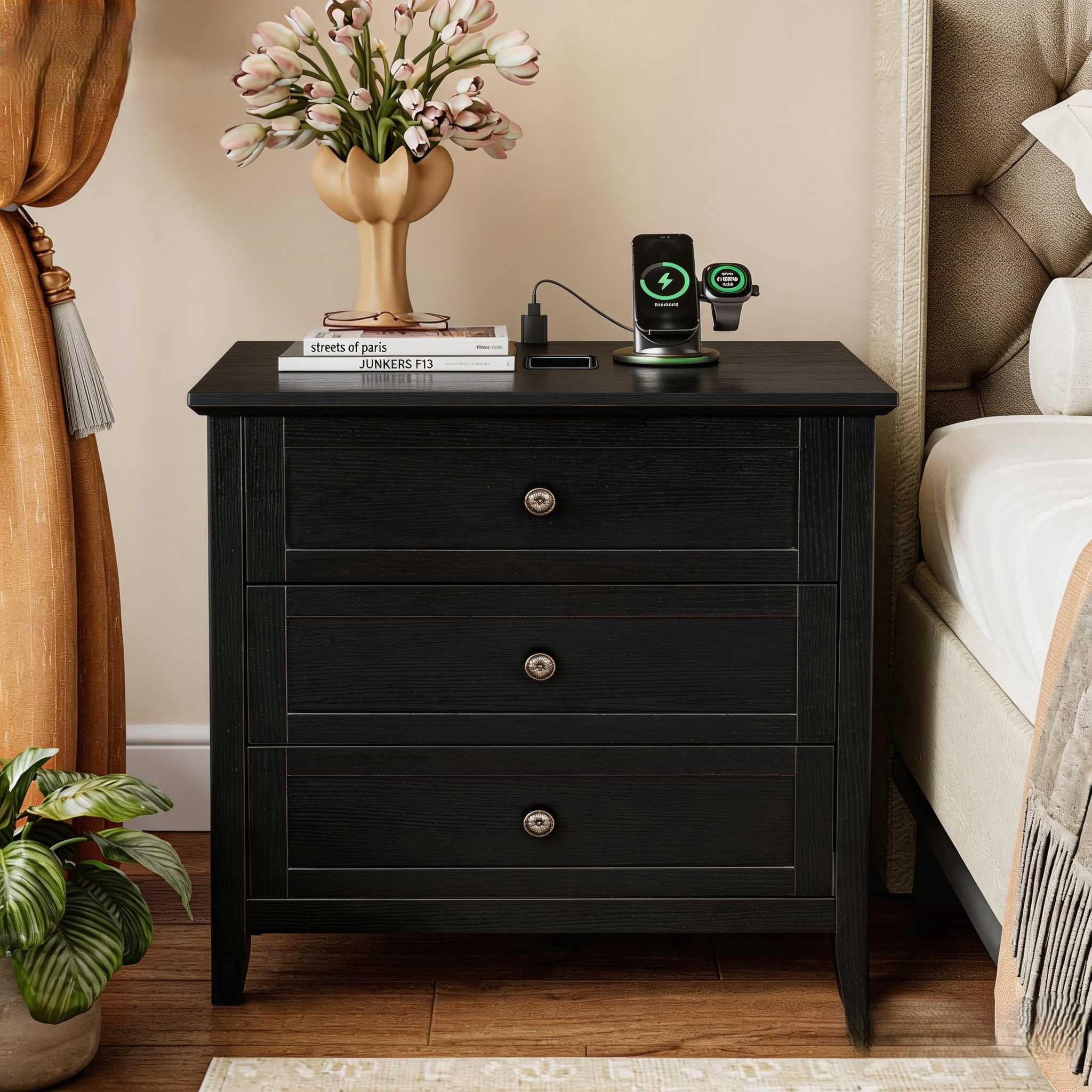 Ktaxon Wood Nightstand with Charging Station, End Table Wooden Bedside ...