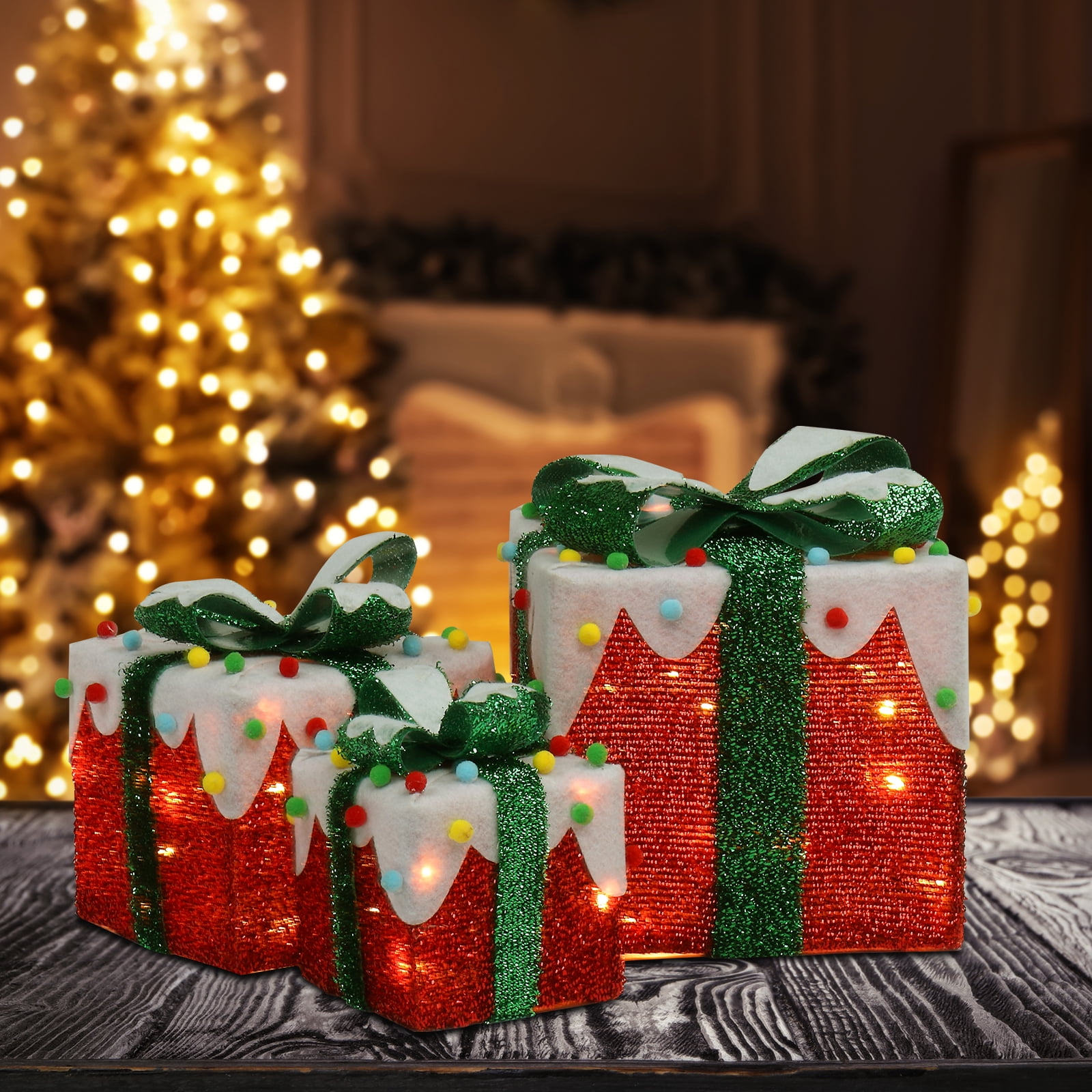 Ktaxon Set of 3 Festive Lighted Gift Boxes for Stunning Holiday Decor ...