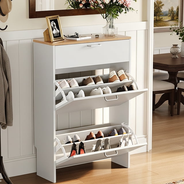 Ktaxon Shoe Cabinet Storage with 2 Flip Drawers & Drop-Down Door for ...