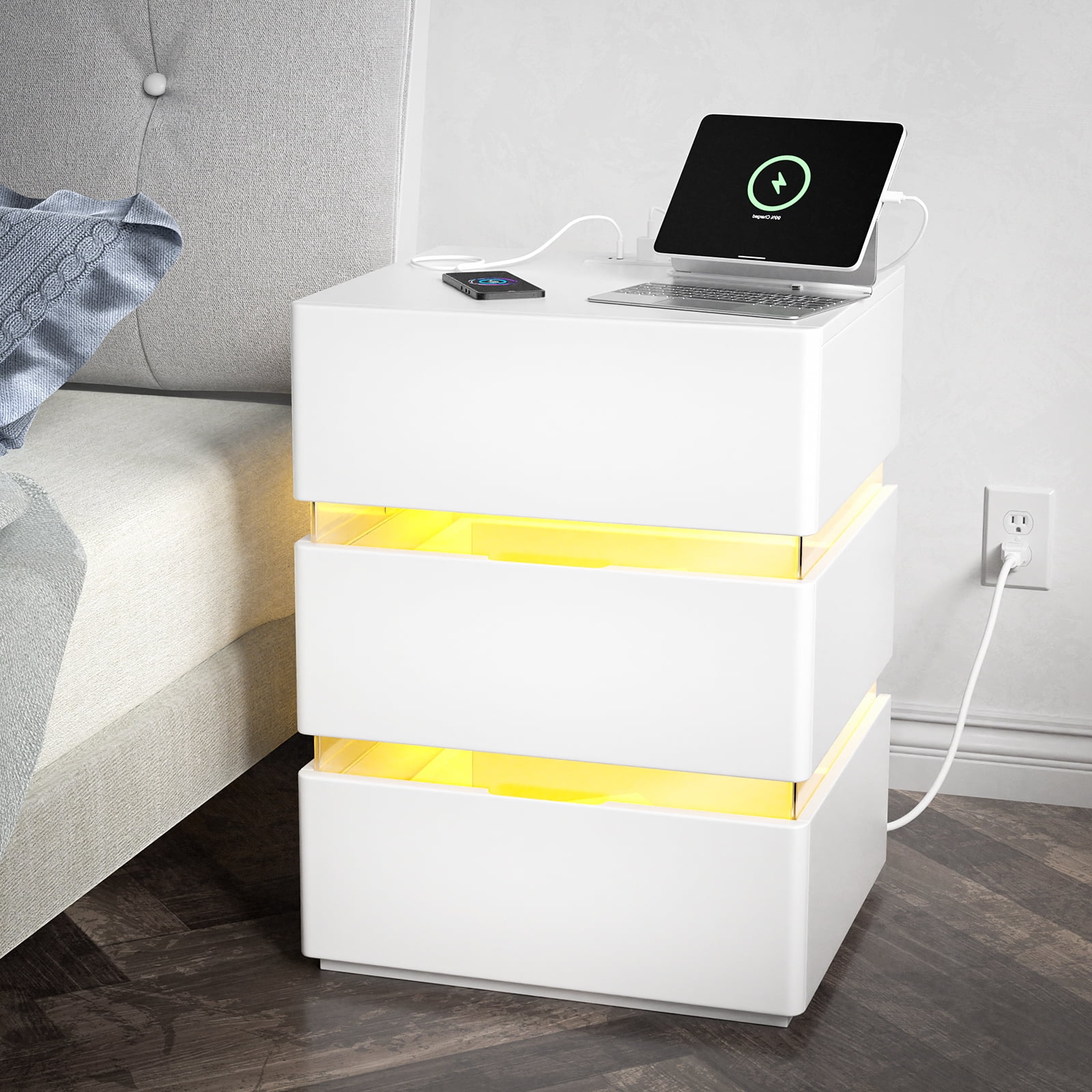 Ktaxon 3-Drawers Side Table LED with Charging Station, Remote RGB ...