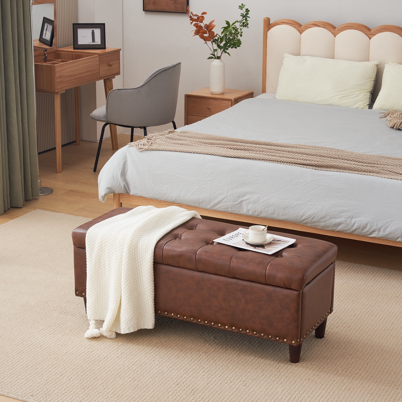 Ktaxon 43'' Brown Storage Ottoman Footstool, Tufted Leather Bench with ...