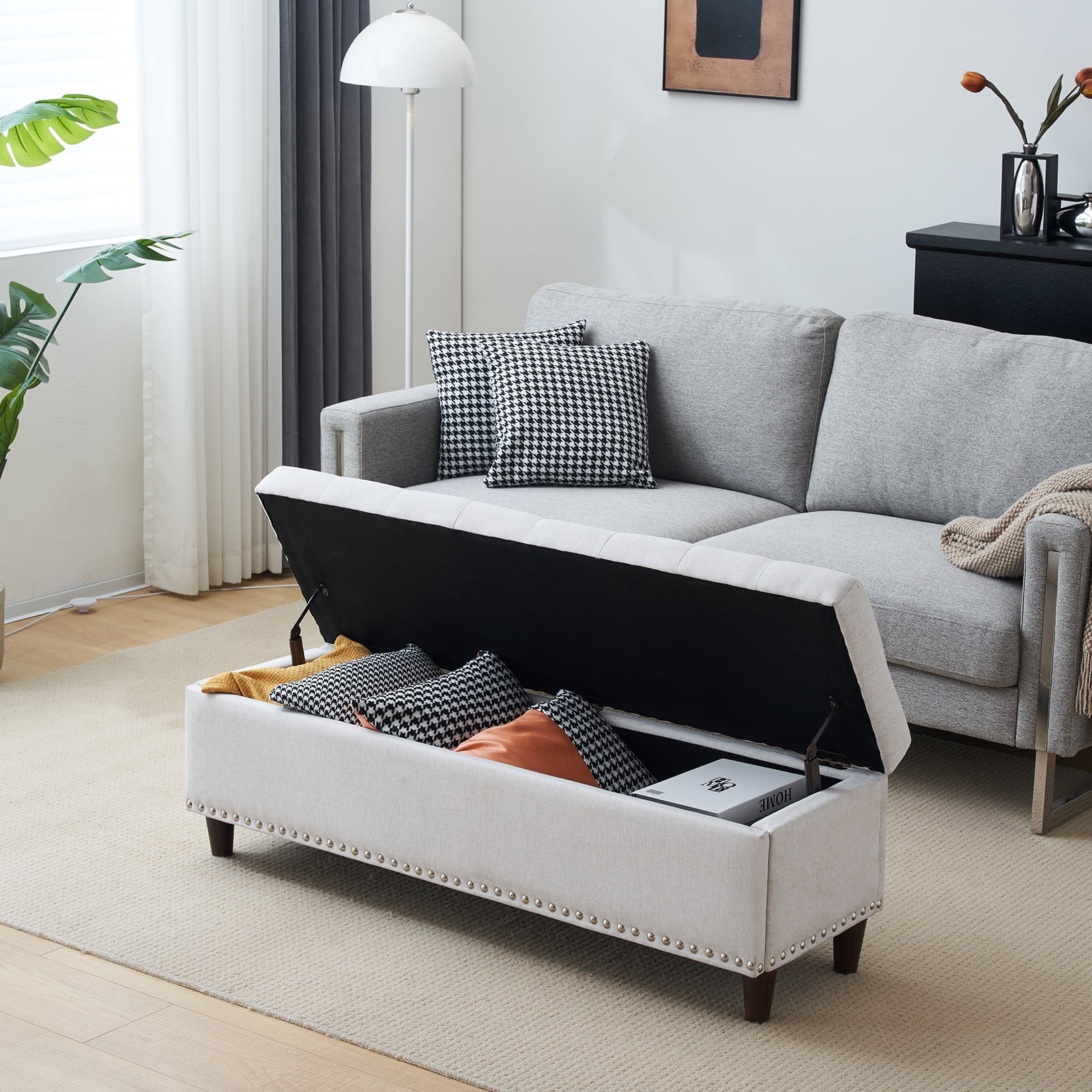 Ktaxon Storage Ottoman Footstool Organizer, 51.5'' Tufted Linen Fabric ...